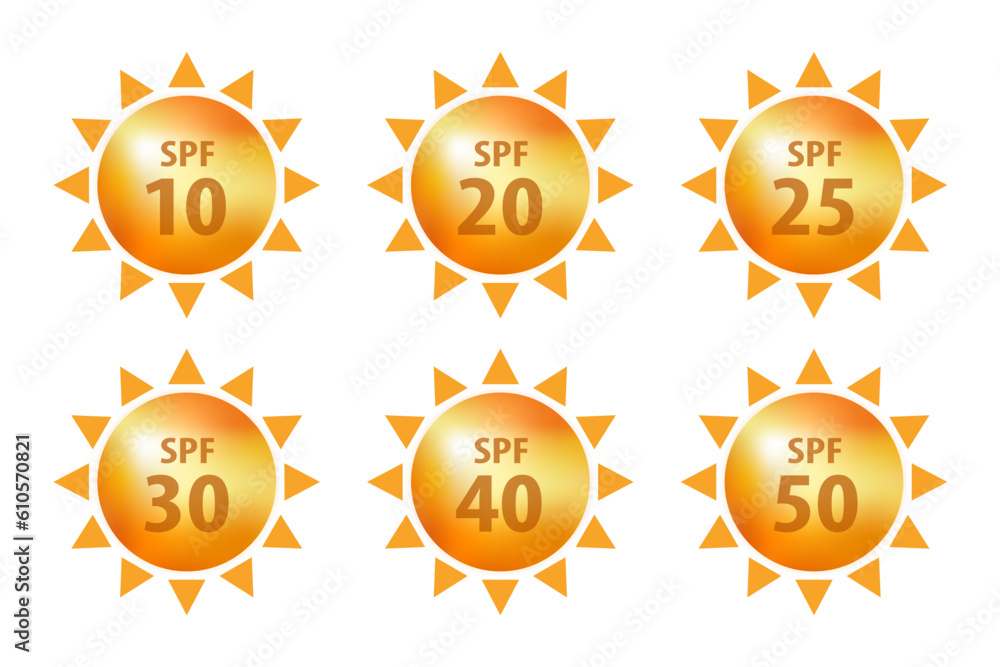 Icons for sunscreen products. Set of flat SPF sun protection icons ...