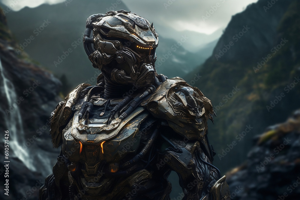 Metal sci-fi robot android science fiction cyborg with strong muscular ...