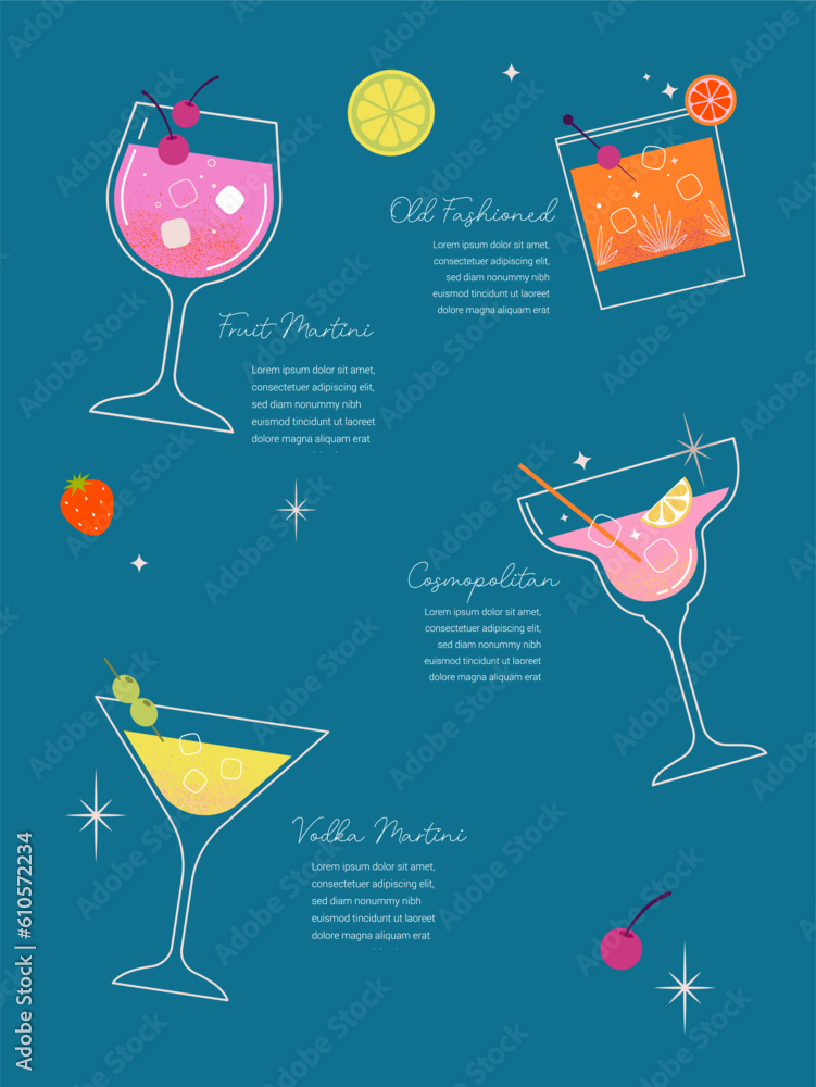 Modern flat summer cocktails collection. Colorful background with ...