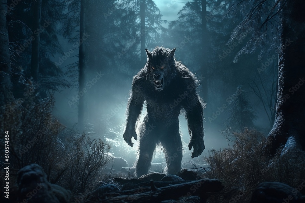 Aggressive, hairy Werewolf growling in the moonlight over a full moon ...