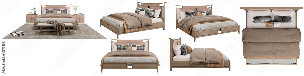 isometric bed with pillows mockup, top view, font view, side view ...