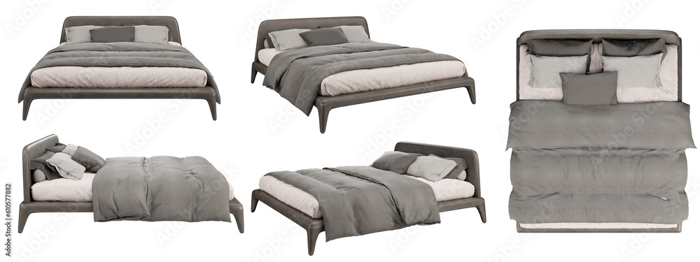 isometric bed with pillows mockup, top view, font view, side view ...