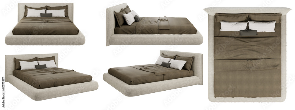 isometric bed with pillows mockup, top view, font view, side view ...