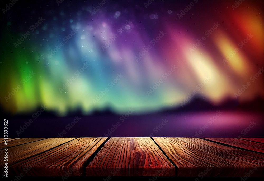 Empty wooden table with colorful northern lights sky background ...