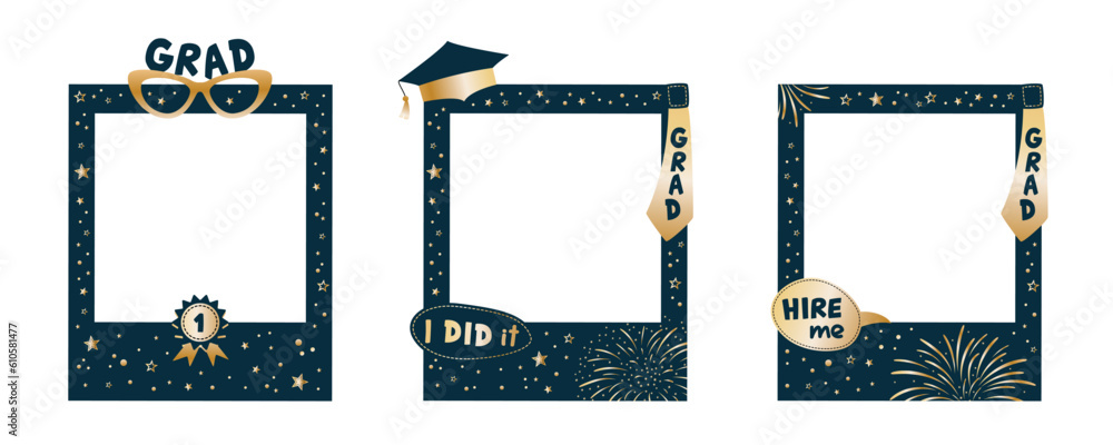 Set of Graduation party photo booth props. Frames with congratulations ...