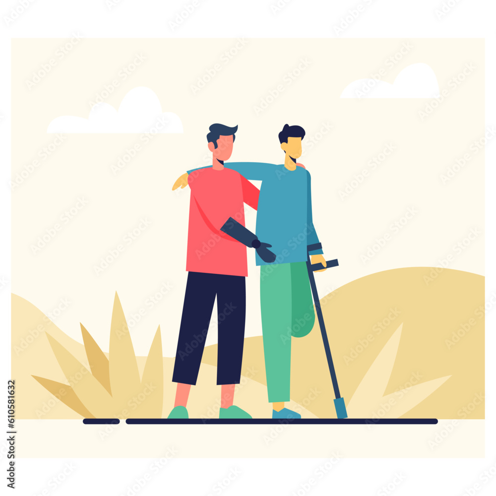 Disabled young male with prosthetic arm helping male with prosthetic ...