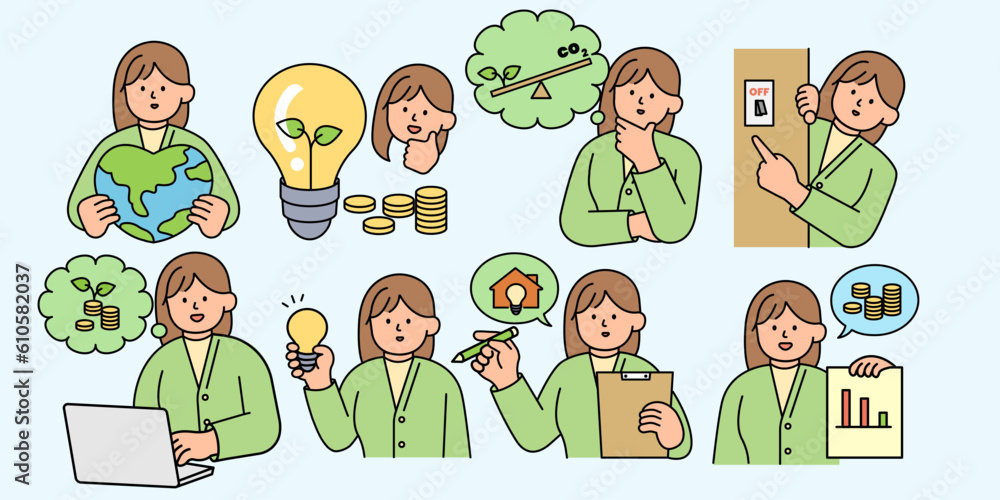 A Set of an Energy-Saving Woman, Turning Off Lights, and Reducing ...