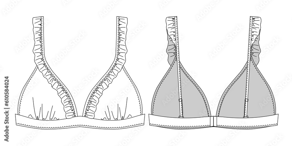 Woman triangle bikini technical drawing, template, sketch, flat, mock ...