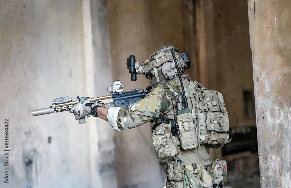 Infantry soldier shooting during military combat training.. Army elite ...