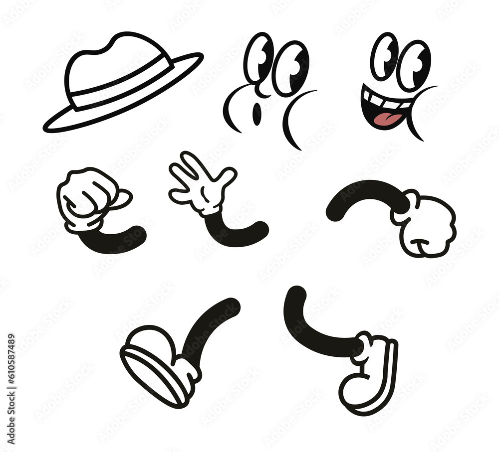 vintage cartoon character limbs set, design elements Stock Illustration ...