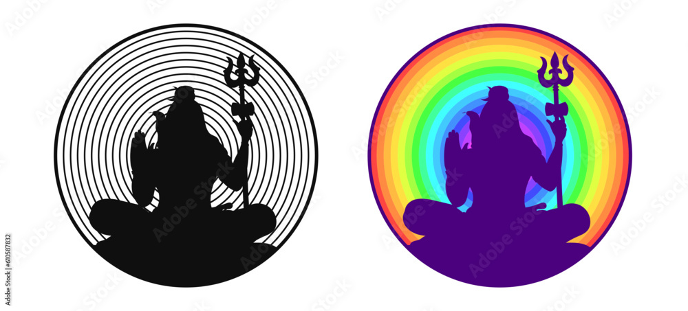Round icon with the silhouette of the Indian god Shiva. Rainbow yogic ...
