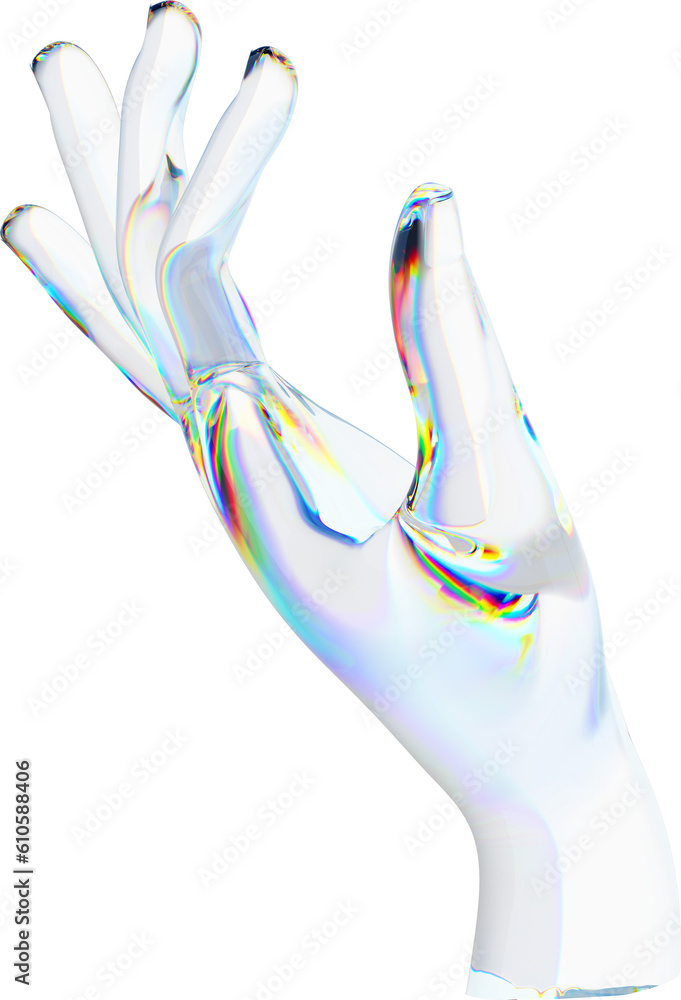 3d glass hand with dispersion transparent background. Rainbow reflex on ...