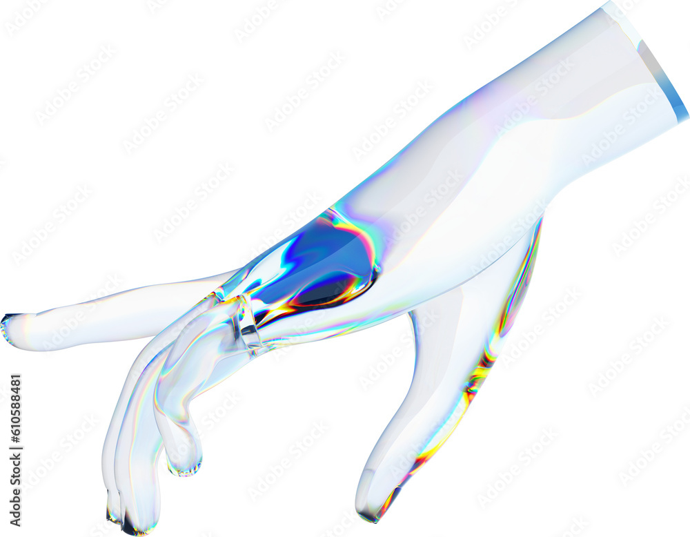 3d glass hand with dispersion transparent background. Rainbow reflex on ...