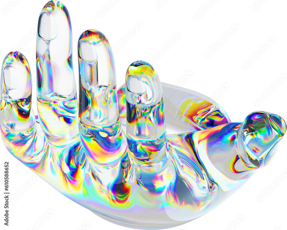 3d glass hand with dispersion transparent background. Rainbow reflex on ...