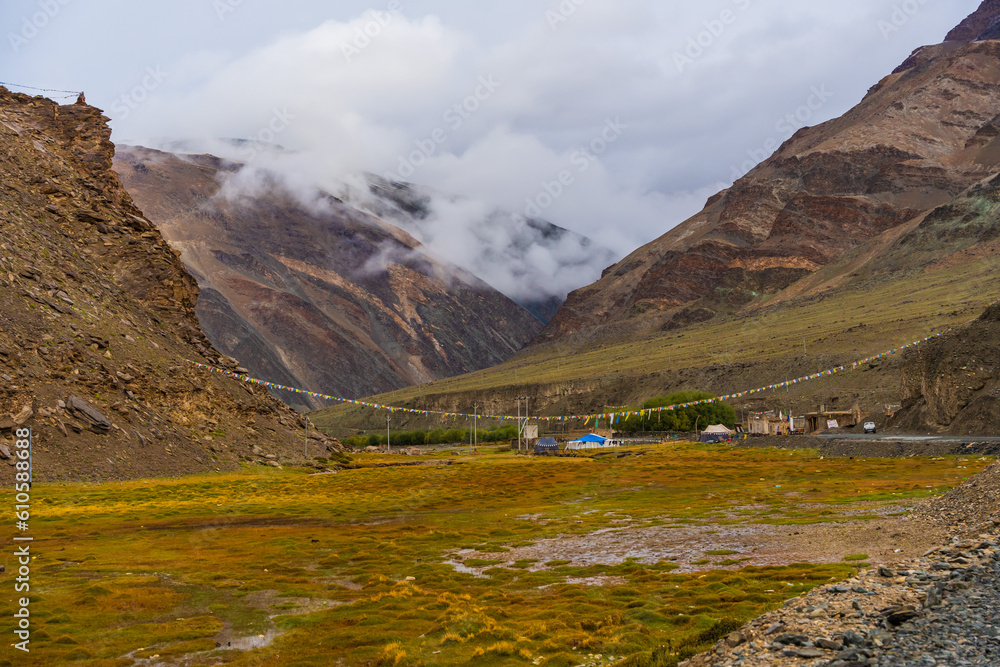 beautiful scenery of fields and houses of Hanle village, the background ...