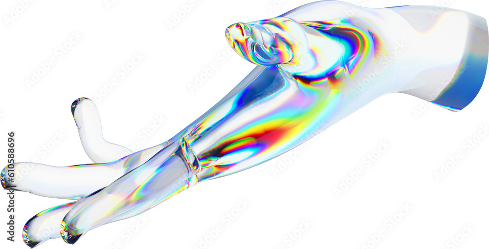 3d glass hand with dispersion transparent background. Rainbow reflex on ...