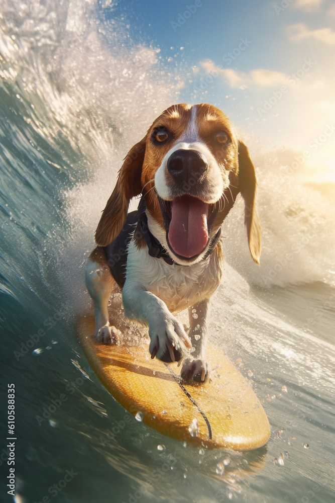 cooler fröhlicher Beagle Hund beim surfen auf einem Surfboard im Meer ...