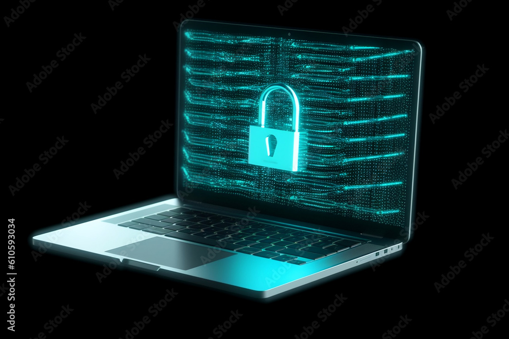 a modern laptop is shown with a lock icon, in the style of innovating ...