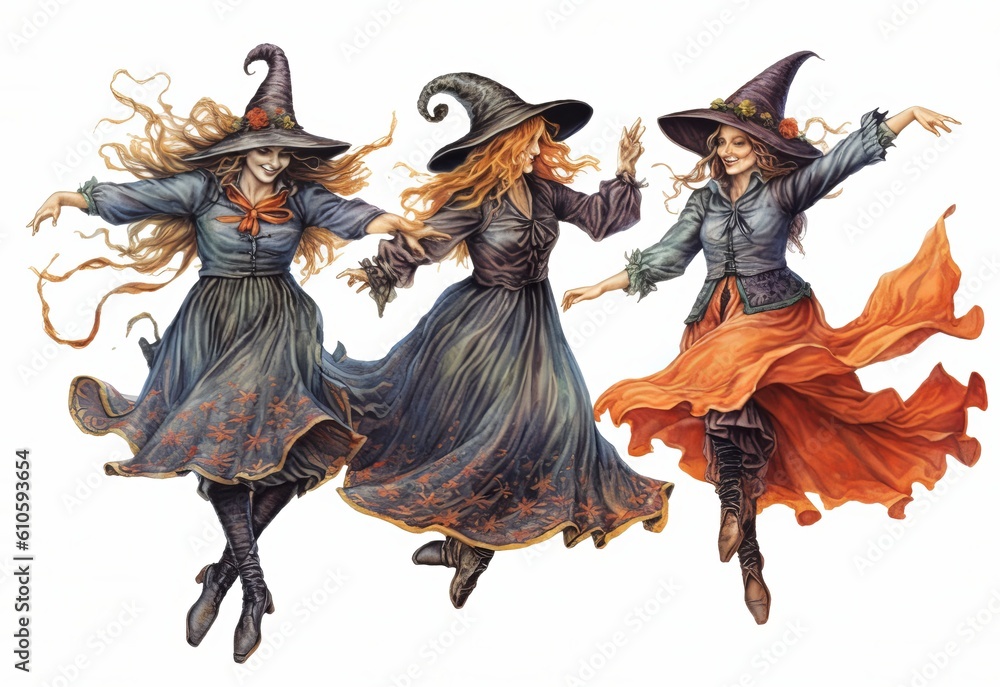 Realistic dancing witches full body hand drawn Stock Illustration ...