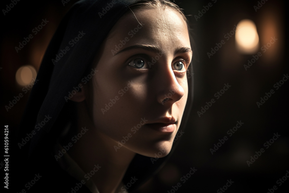Portrait of a young nun in a cloister, church windows shadows reflect ...