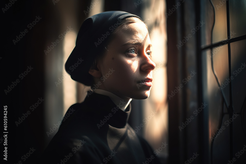 Portrait of a young nun in a cloister, church windows shadows reflect ...