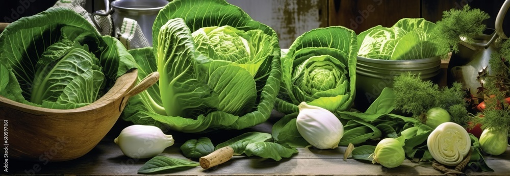 Cabbage of different varieties and types, flatlay vegetables, a banner ...