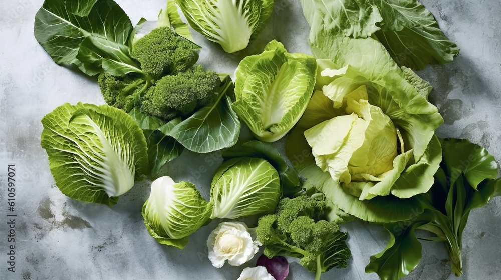 Cabbage of different varieties and types, flatlay vegetables, a banner ...