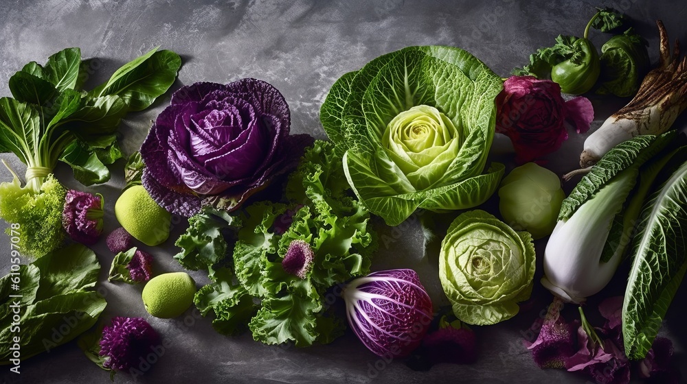 Cabbage of different varieties and types, flatlay vegetables, a banner ...