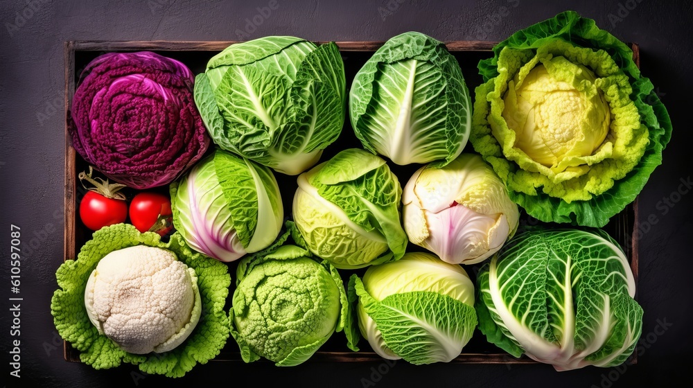 Cabbage of different varieties and types, flatlay vegetables, a banner ...