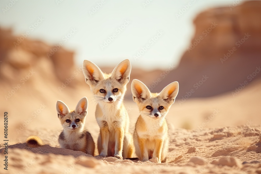 Beautiful Family of Adorable Fennec Foxes in Exotic Desert Environment ...