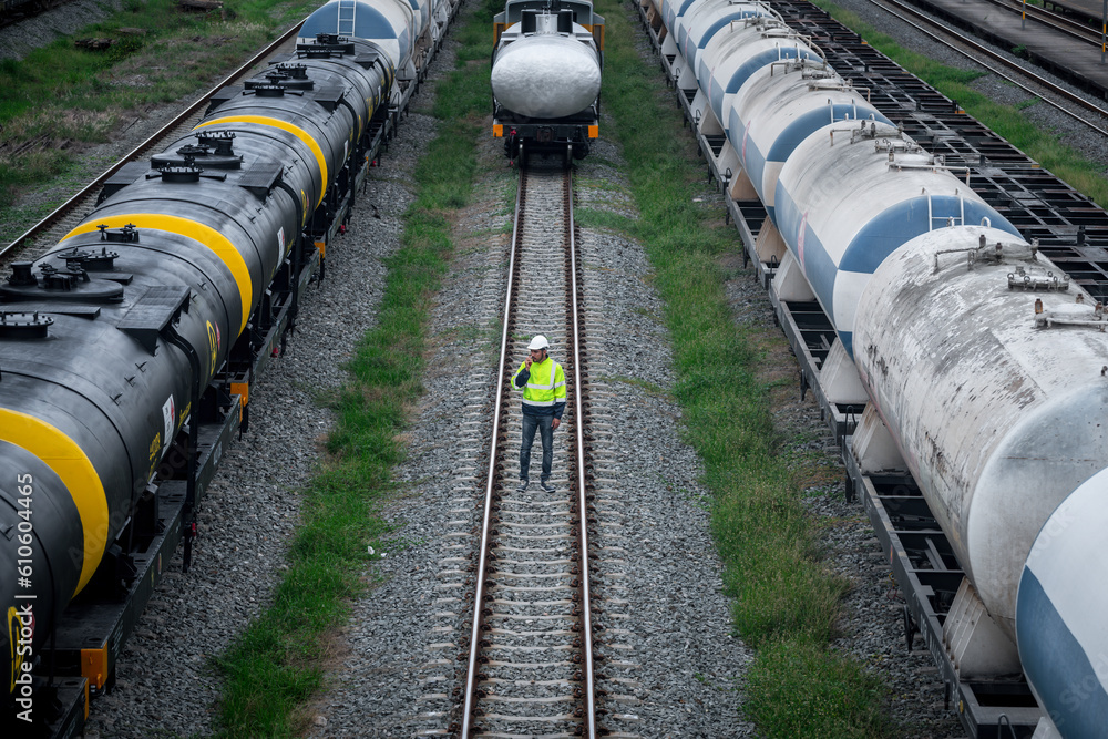 Top view photo engineer railway inspection,checking train testing and ...