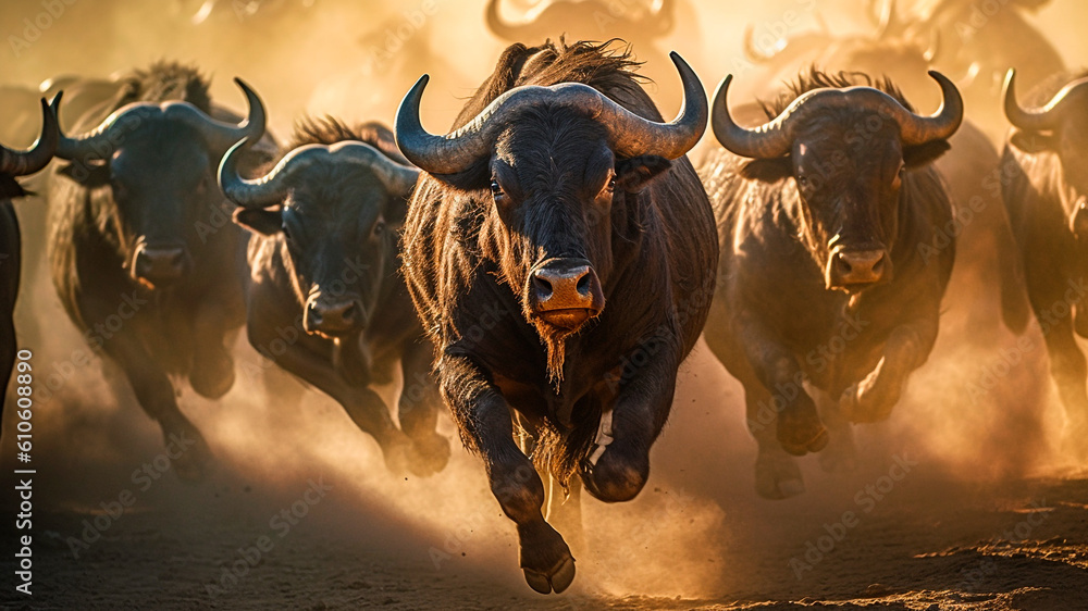 Buffalo charges forward in a breathtaking stampede. Generative AI Stock ...