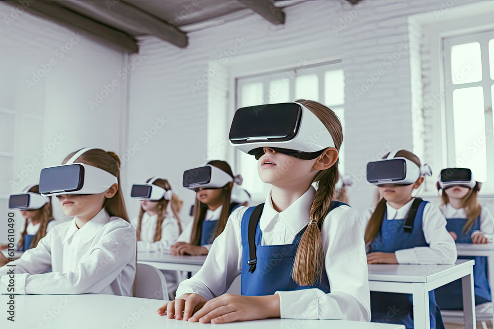School kids group wearing virtual reality glasses in classroom ...