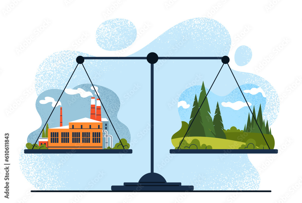 Balance ecology climate on scales concept. Plant with emission of waste ...