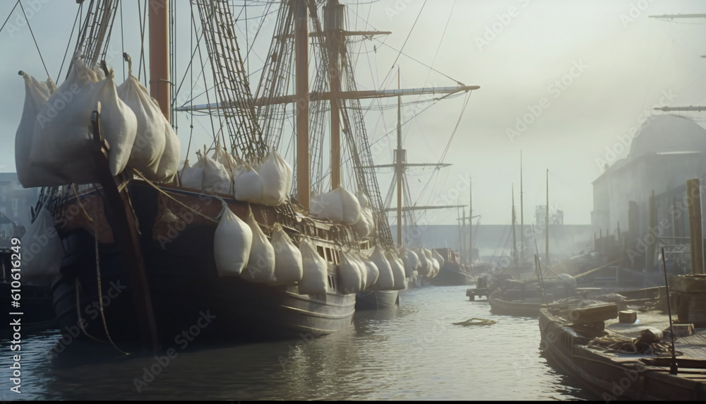 Old merchant sailing ship loaded with white bags with merchandise in ...