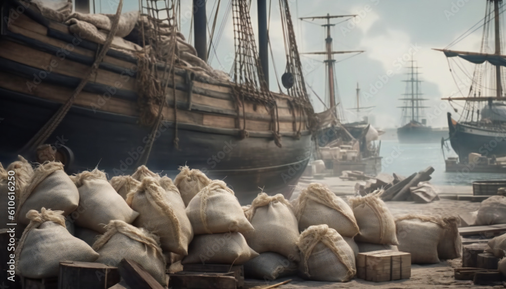 Artistic recreation of old merchant sailing ship with white sacks in ...