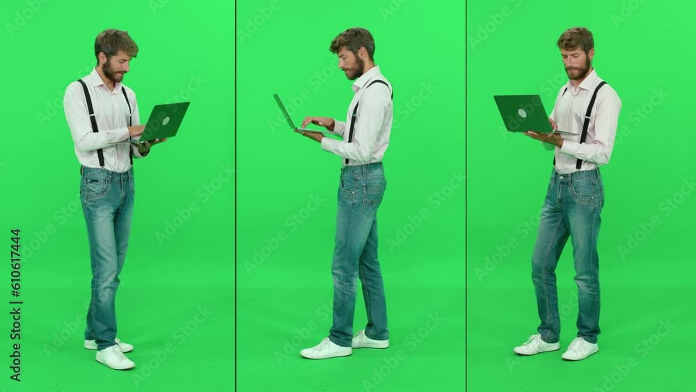 Split screen, art director works on a laptop, typing and uses laptop on ...