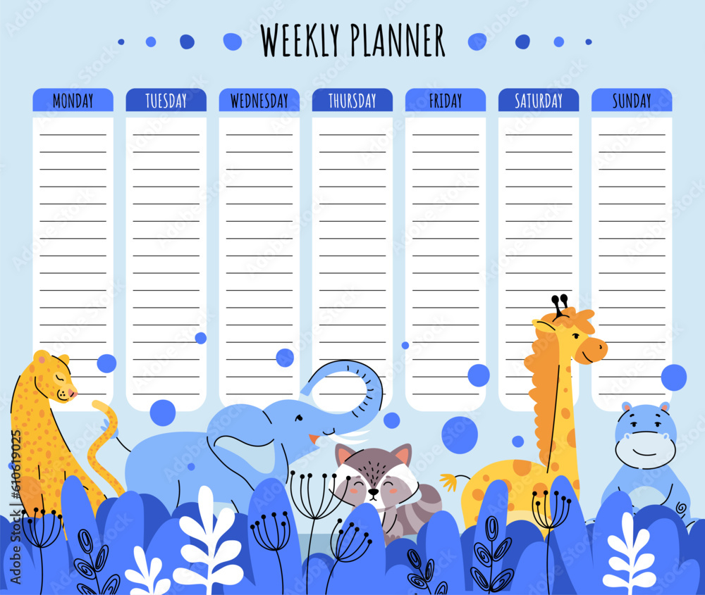 Weekly planner with animals concept. Organization of effective working ...