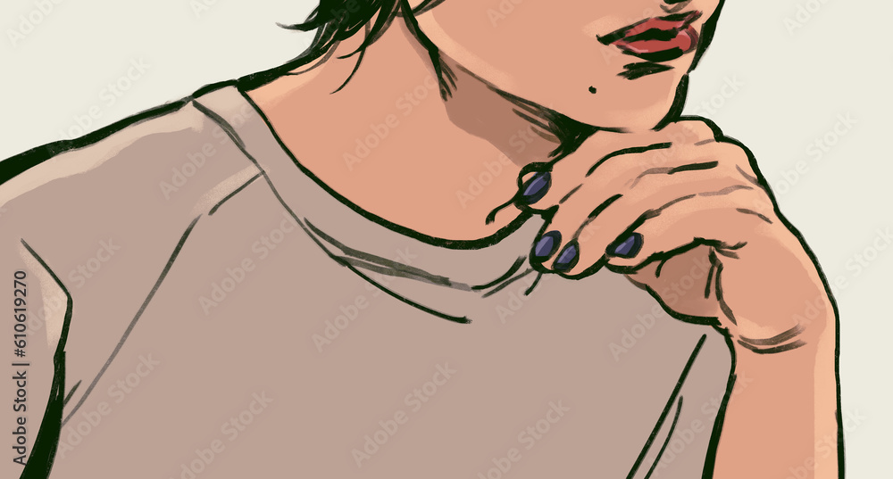 Stylized illustration of an androgynous figure in beige grey t shirt ...