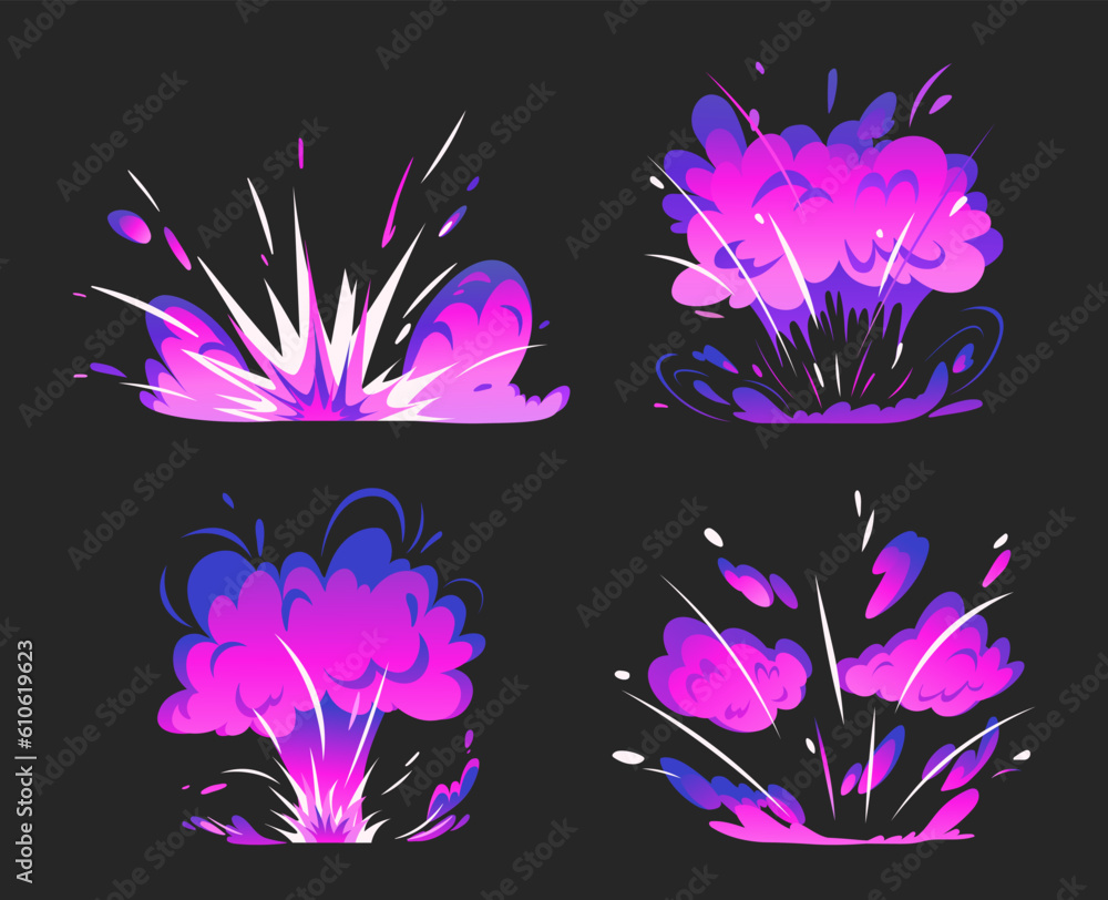 Vecteur Stock Bomb and weapon violet explosions set. Burst and military ...
