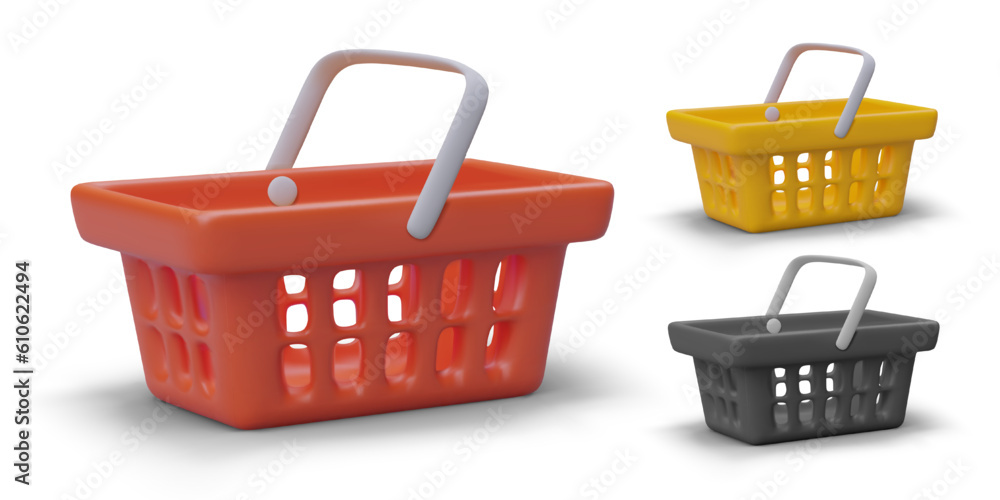 3D shopping carts of red, gray, yellow color. Realistic icons with ...