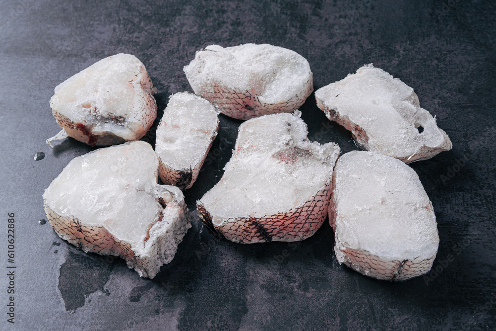 Macrourus fish frozen, fresh, sliced and cut in portions. Gray ...