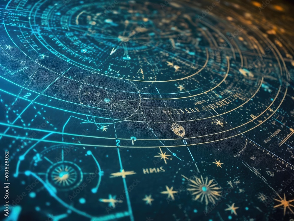 The neon-lit zodiac map emblazoned on the dark background highlights ...