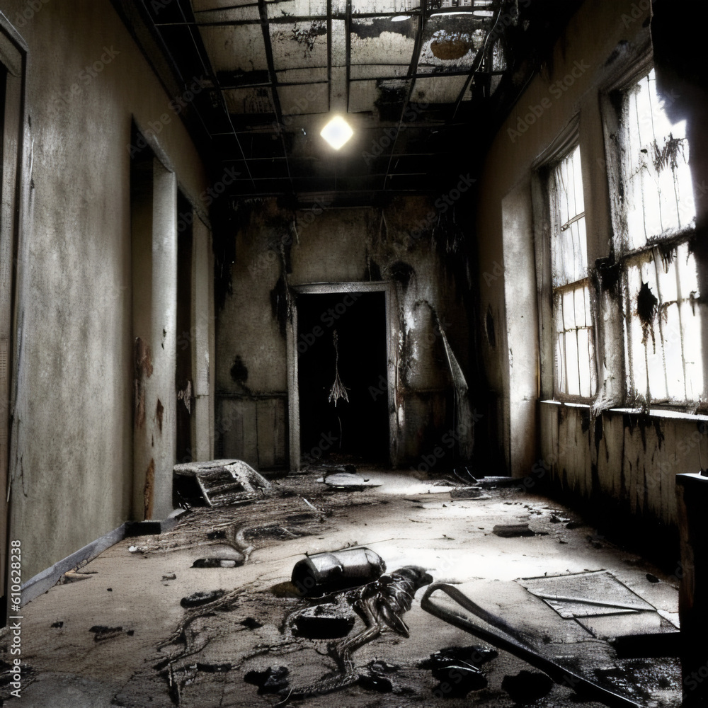 old abandoned building, corridor with rooms, giving eerie, creepy vibes ...