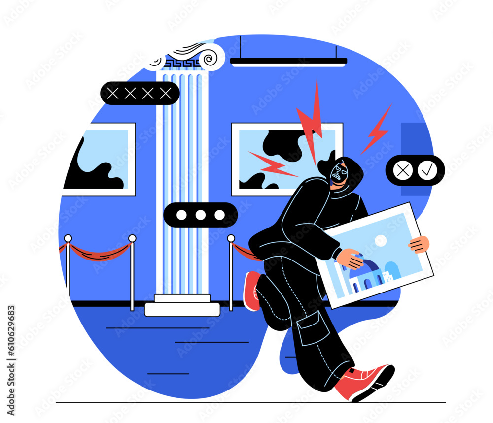 Theft in museum with painting. Young guy in mask with work of art ...