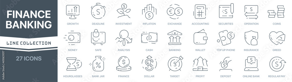 Finance And Banking Linear Signed Icon Collection Signed Thin Line