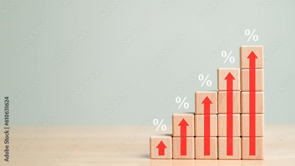 Rising percentage Interest rate financial bar chart with high up arrow ...