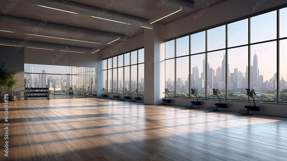 A modern and sleek gym interior with floor-to-ceiling windows, flooding ...