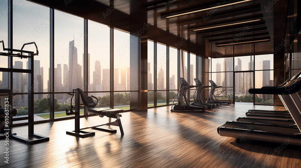 A modern and sleek gym interior with floor-to-ceiling windows, flooding ...