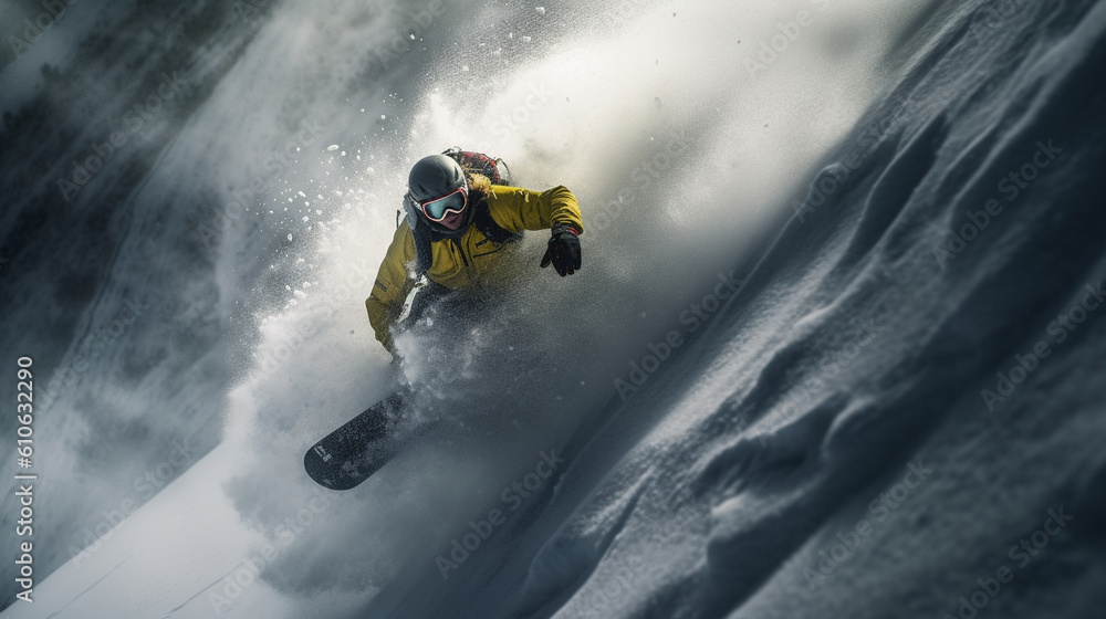 An exhilarating photograph of a snowboarder racing down a steep, narrow ...
